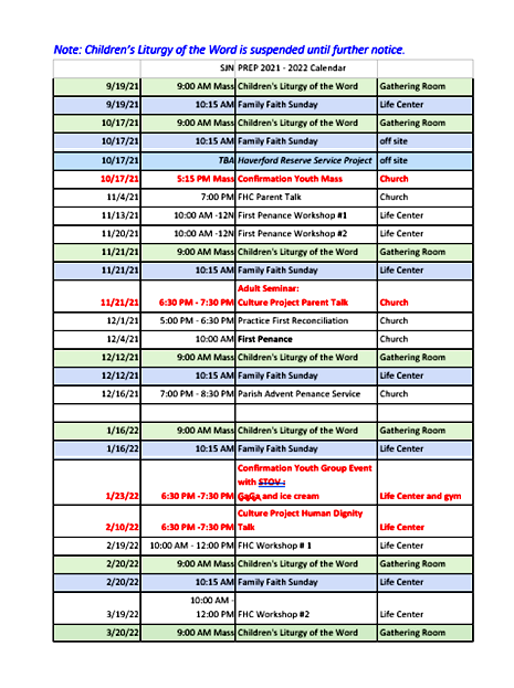 2021-22 PREP Calendar – St. John Neumann Parish – Bryn Mawr, PA